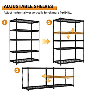 eShelf 48" W Heavy Duty Garage Shelving Unit, 5-Tier Adjustable Metal Storage Shelves with Boltless Desgin for Storage in Garage, Warehouse, Basement, 1100 lbs Capacity, 48" W x 24" D x 72" H, Black