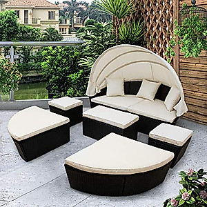 MOEO Outdoor Rattan Patio Furniture Round Daybed Sunbed with Retractable Canopy, All-Weather Wicker Sectional Sofa Set w/Washable Cushions for Garden, Porch, Backyard, Beige