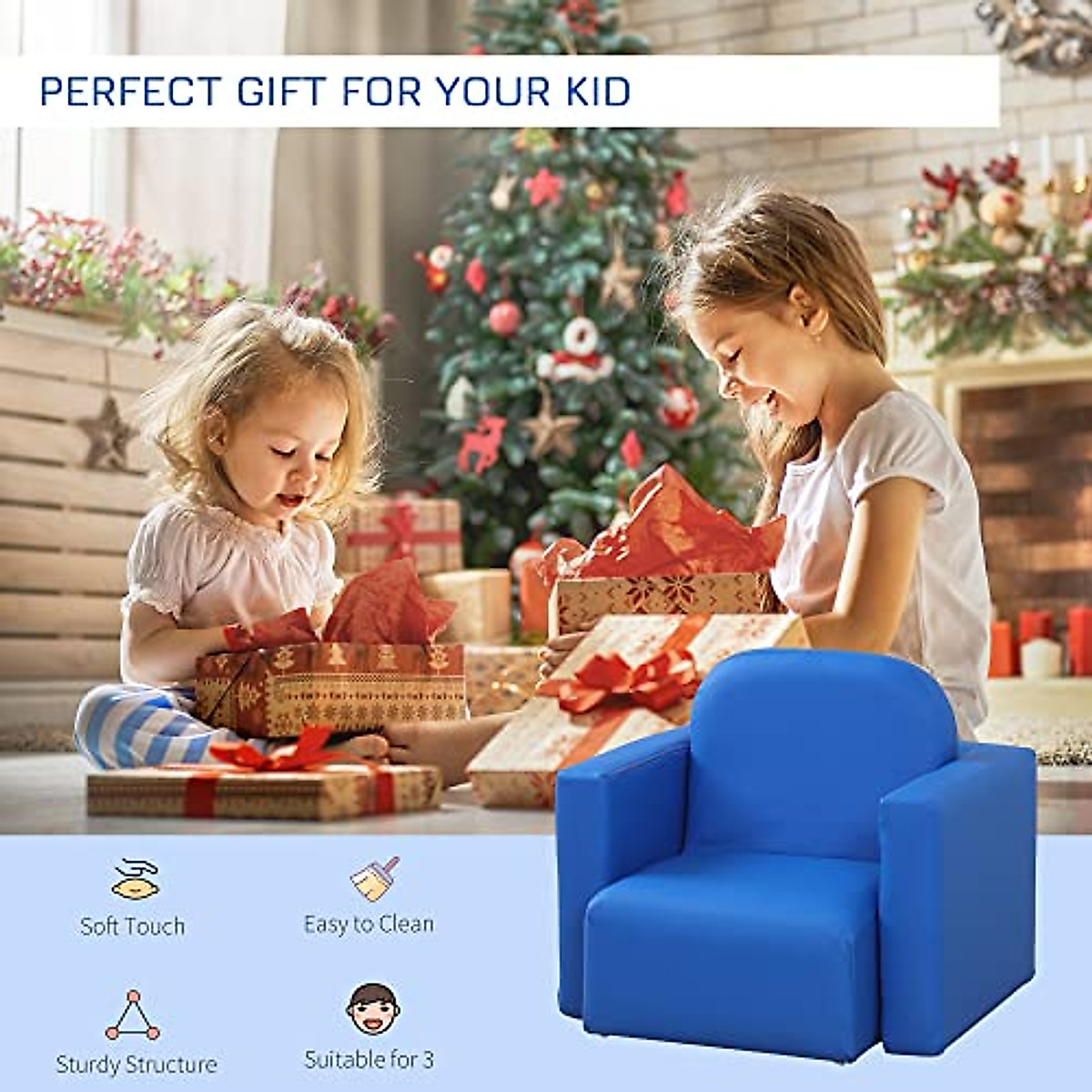Qaba 2-in-1 Multifunctional Kids Sofa Convertible Table and Chair Set for 3 Years Old Boys Girls, Blue