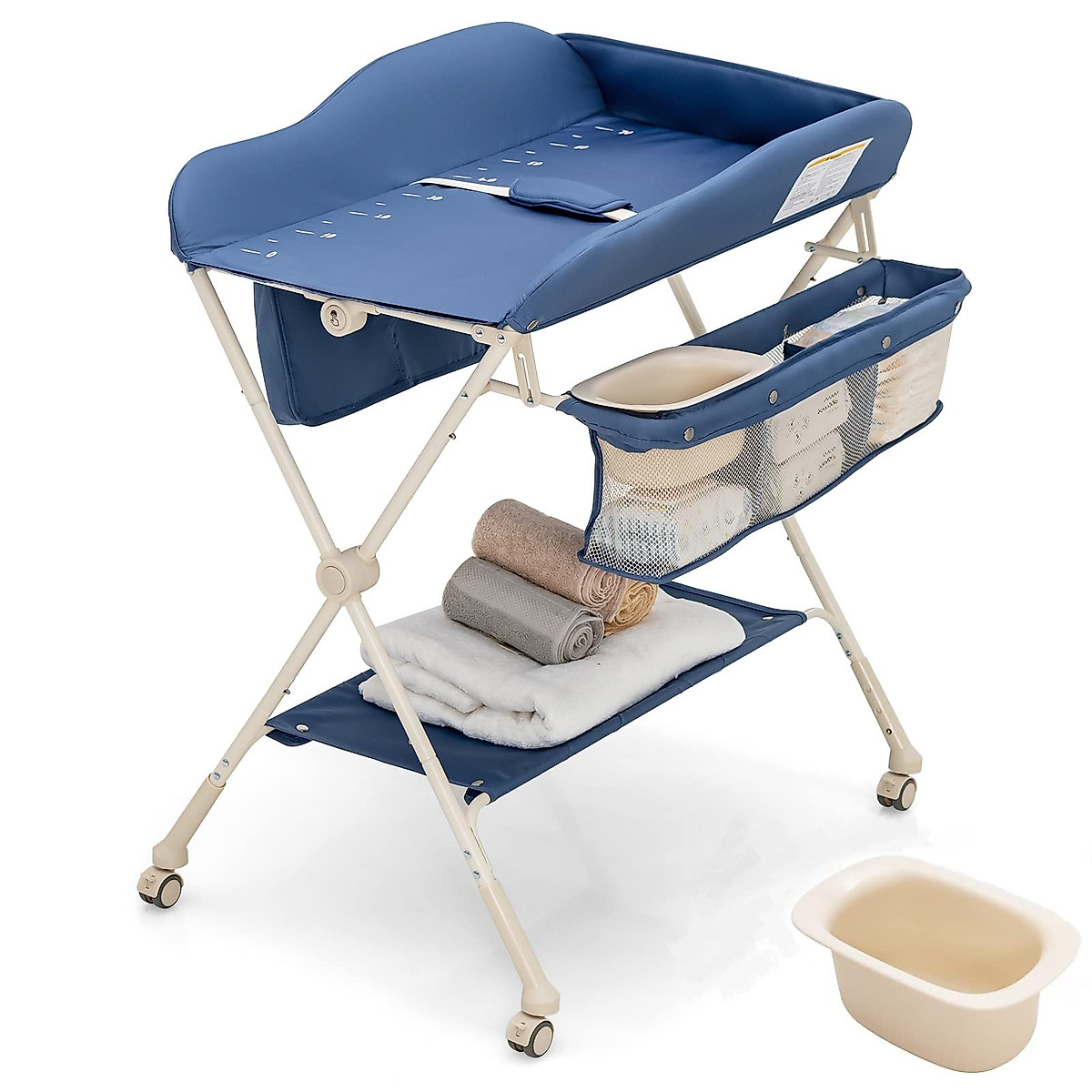 INFANS Portable Baby Changing Table, Folding Diaper Dresser Station with Wheels, Adjustable Height, Safety Belt, Drying and Storage Rack, Mobile Nursery Organizer Stand for Newborn Infant (Gray)