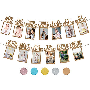 PartyHooman 1st Birthday Photo Banner for Baby from Newborn to 12 Months, First Birthday Decorations Boy or Girl Monthly Milestones Garland | First Birthday Photo Banner Pre-strung with Frame (Kraft)