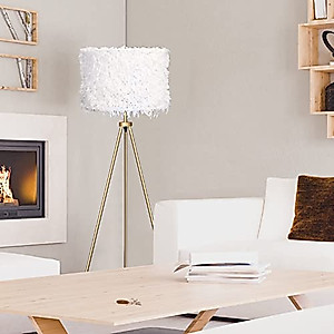 Modern Tripod Floor Lamp for Bedroom, Living Room, Gold Floor Lamps with White Cloth Fabric Shade, Faux Feather Tassels Finish