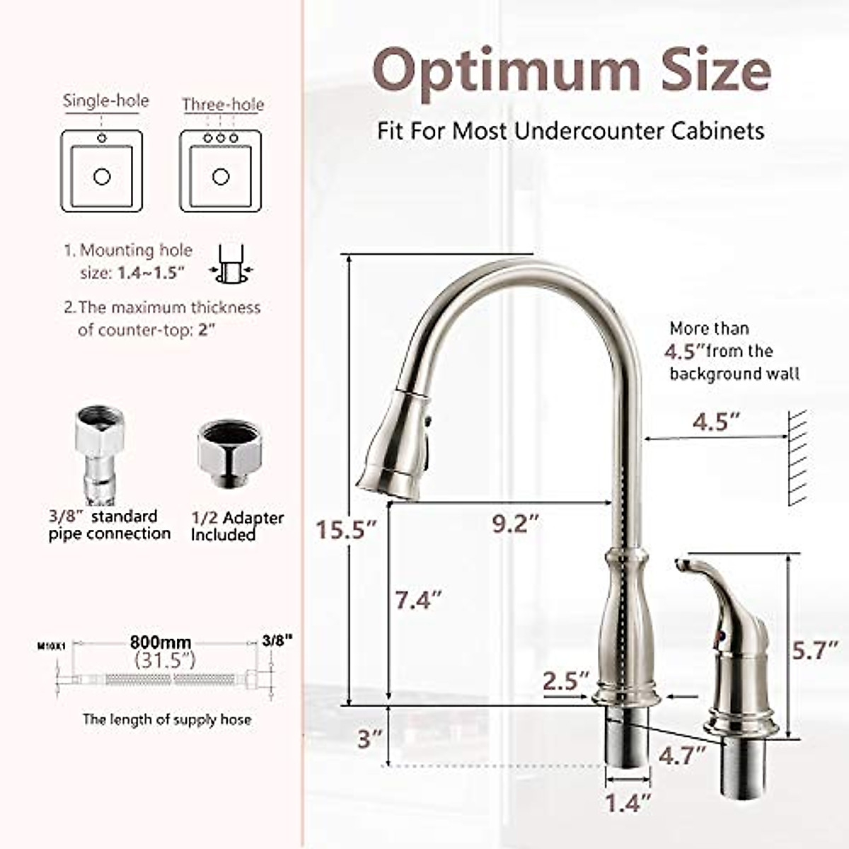 APPASO 3 Hole Kitchen Faucet with Pull Down Sprayer Stainless Steel Brushed Nickel, 2 Hole Pull Out Kitchen Sink Faucet with Side Single Handle and Soap Dispenser, 211BN
