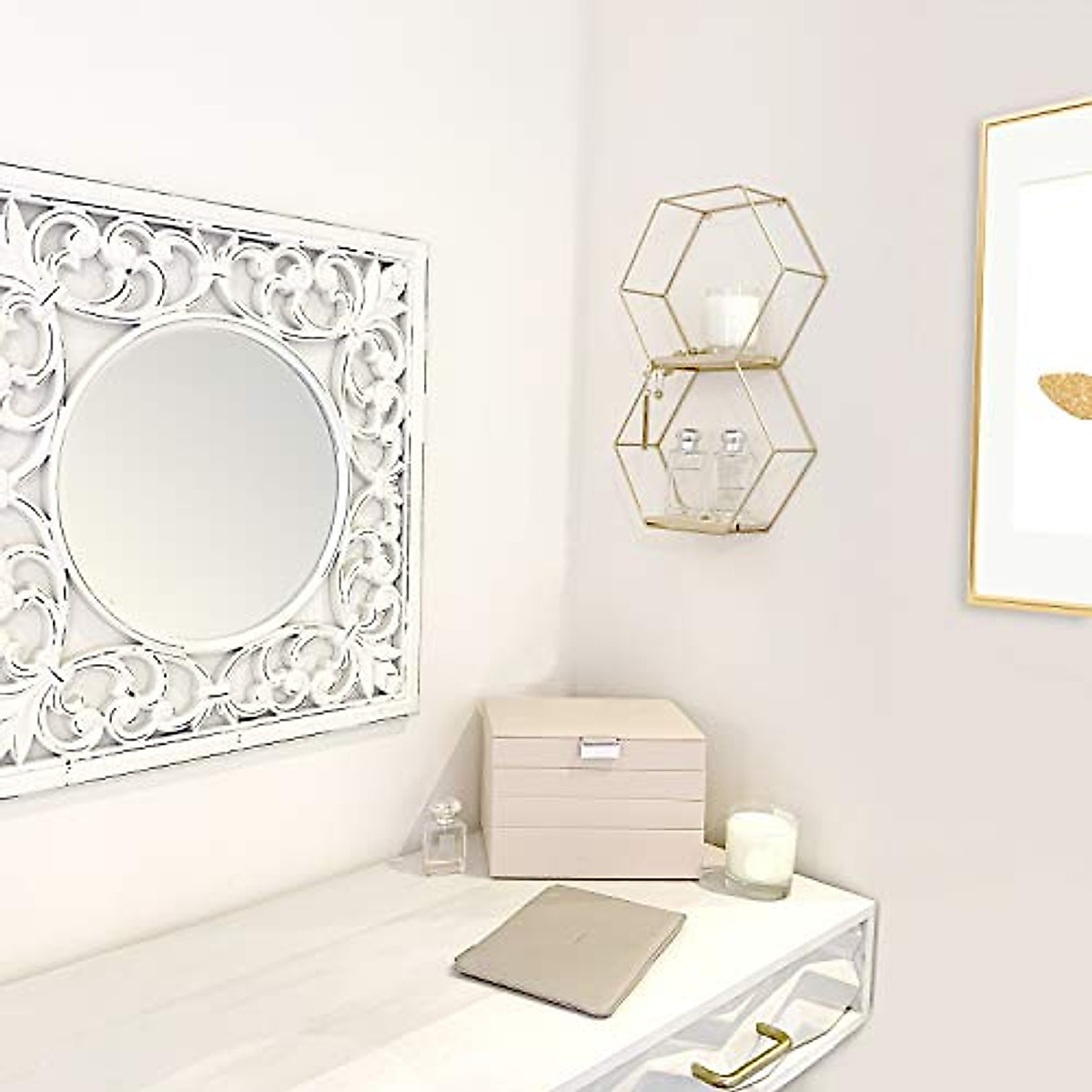 Gold Metal Wire Geometric Hexagon Floating Shelf | Two Brass Colored Vertical Honeycomb Shaped Hanging Wall Shelves | Mid Century Style Vanity Shelf | 16 x 9.25 x 3.75 Inches