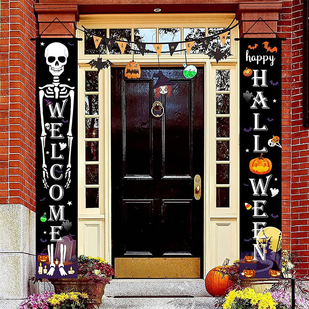Halloween Decorations Outdoor - Happy Halloween & Welcome Skeleton Porch Banners for Halloween Decor - Front Door Outside Yard Garland Party Supplies