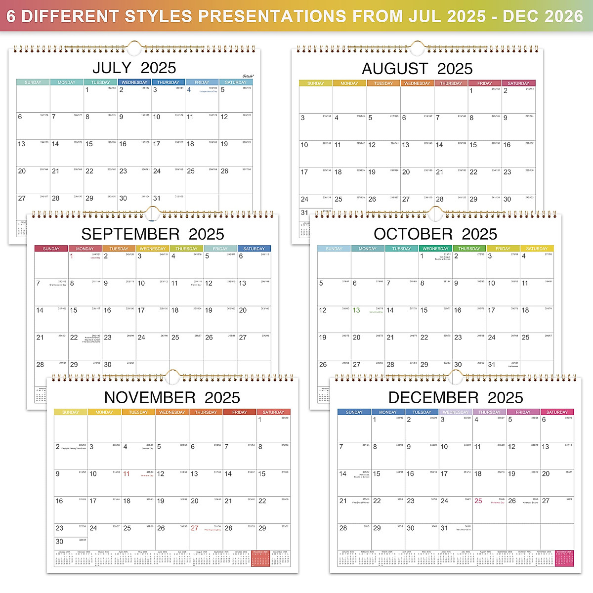 2025-2026 Wall Calendar - Jul 2025 - Dec 2026, 18 Monthly Hanging Calendar 2025-2026 Planner, 15" x 11.5", Spiral Binding, Yearly Overview, Holidays, Large Blocks, Perfect Organizer for Home & Office