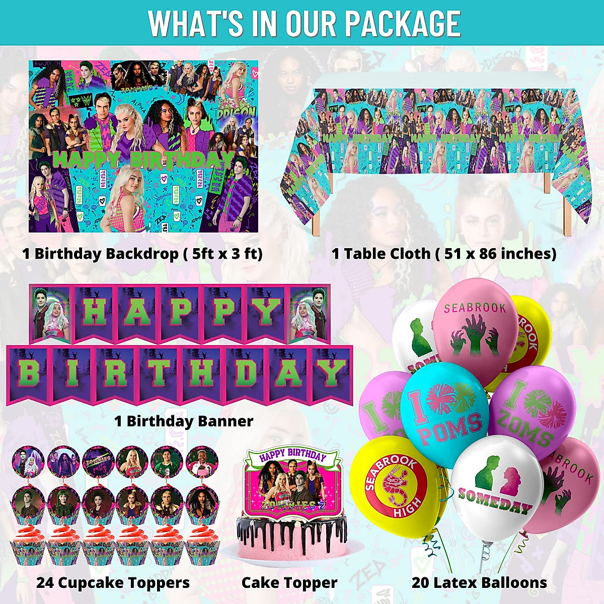 Nelton Birthday Party Supplies For Zombies Includes Backdrop - Banner - Cake Topper - 24 Cupcake Toppers - 20 Balloons - Table Cloth
