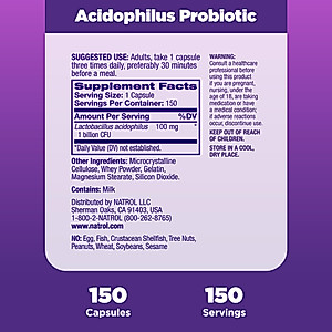 Natrol Acidophilus Probiotic 100 mg, Dietary Supplement for Healthy Gut Function, Digestive Health Capsules for Adults, 150 Capsules, Up to a 50 Day Supply