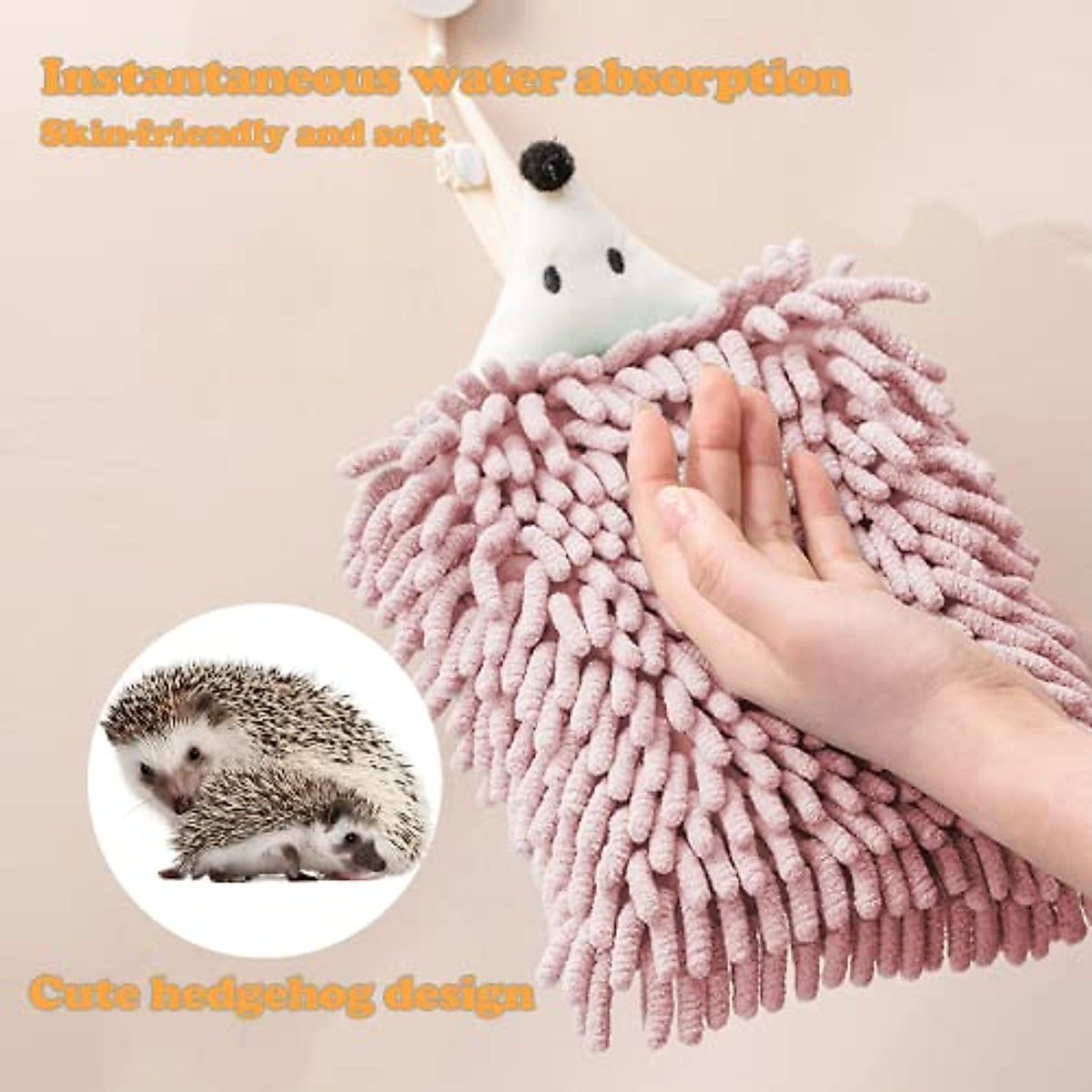 sisiten Chenille Hand Towels for Bathroom 、Kitchen and Bedroom |Hanging Hand Drying Towel with Button Loop | Funny Hedgehog Hand Towel | 4 Packs