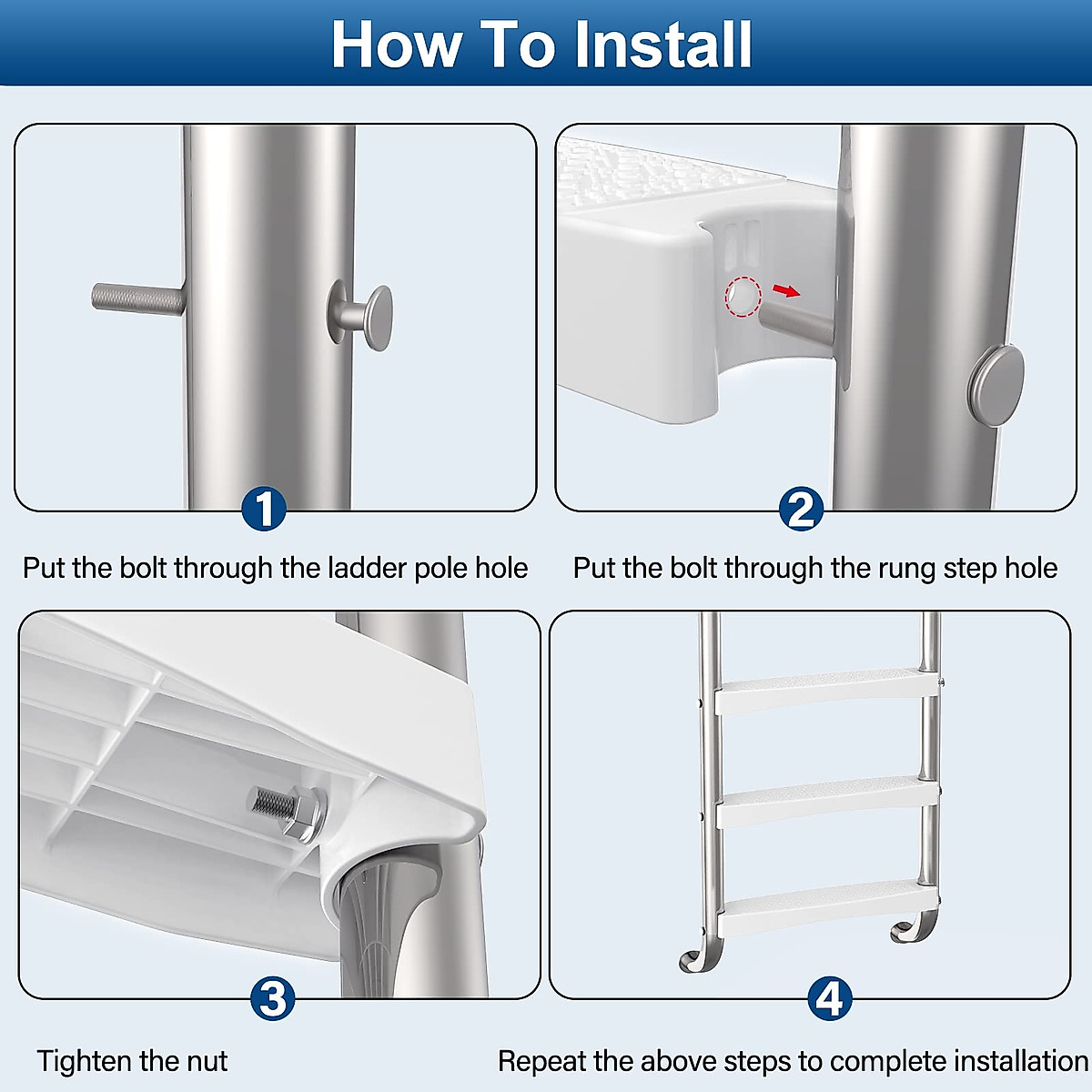 Goovilla Pool Ladder Steps Replacement, (6-Pack) 18" Universal Heavy-Duty Molded Plastic Swimming Pool Ladder Rung Step with 12 PCS Stainless Steel Bolts for Inground and above Ground Pools, White
