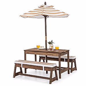 HONEY JOY Kids Picnic Table, Outdoor Wooden Table & Bench Set w/Removable Cushions and Umbrella, Stripe Fabric, Children Backyard Furniture for Patio Garden, Gift for Toddler Boys Girls Age 3+(Coffee)