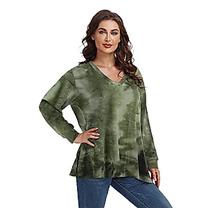 LARACE Tie Dye Sweatshirts for Women Plus Size Tops V Neck Side Split Shirt Casual Long Sleeve Pullover Tee(E-Olive 2X)