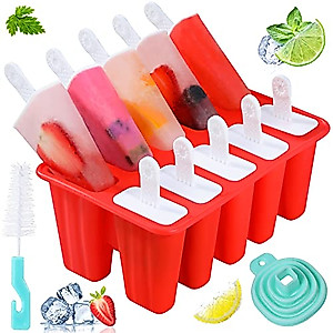 Popsicle Molds,Silicone Ice Pop Molds,BPA Free Popsicle Mold Reusable Easy Release Ice Pop Maker,Homemade Popsicle Mould with Silicone Funnel and Cleaning Brush(Red, 10 Cavities)