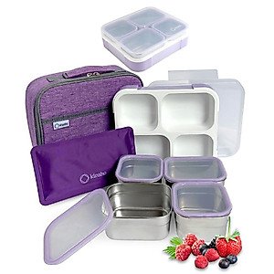Stainless Steel Bento Lunch Box for Adults Kids with Ice Pack Insulated Lunch Bag, Leak-Proof Snack Boxes, Metal and Plastic Portion Control School Lunch Containers, 4 Compartments, 36 oz Lilac Purple