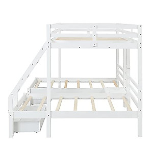 Triple Bunk Bed for Kids Teens,Can Be Separated Into 3 Full Over Twin & Twin Bunked Bedframe with Storage Drawer and Guardrails Wood for Living Room Bedroom,White