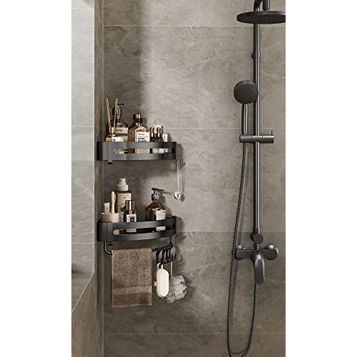 QWWSS Shower Caddy, Non-Marking self-Adhesive Shower with Removable 4 hooksframebathroom Must Haves，SUS304 Black Shower Organizer,Kitchen Spice rack-2-pack