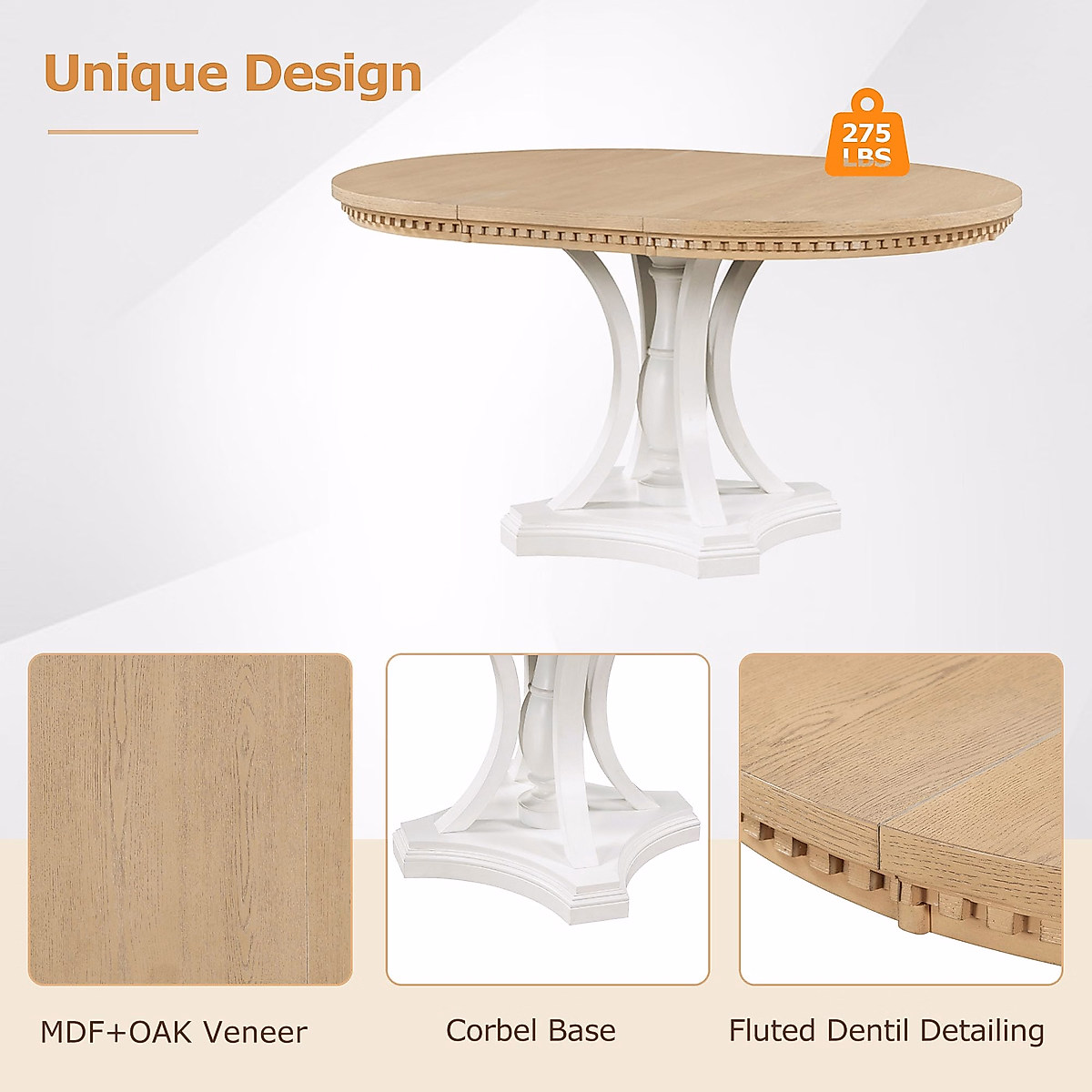 POCIYIHOME 5-Piece Set, Wood Table with Two-Size Round to Oval Extendable Butterfly Leaf, 4 Upholstered Dining Chairs with Armrest for 4 (Natural Oak+ Antique White)