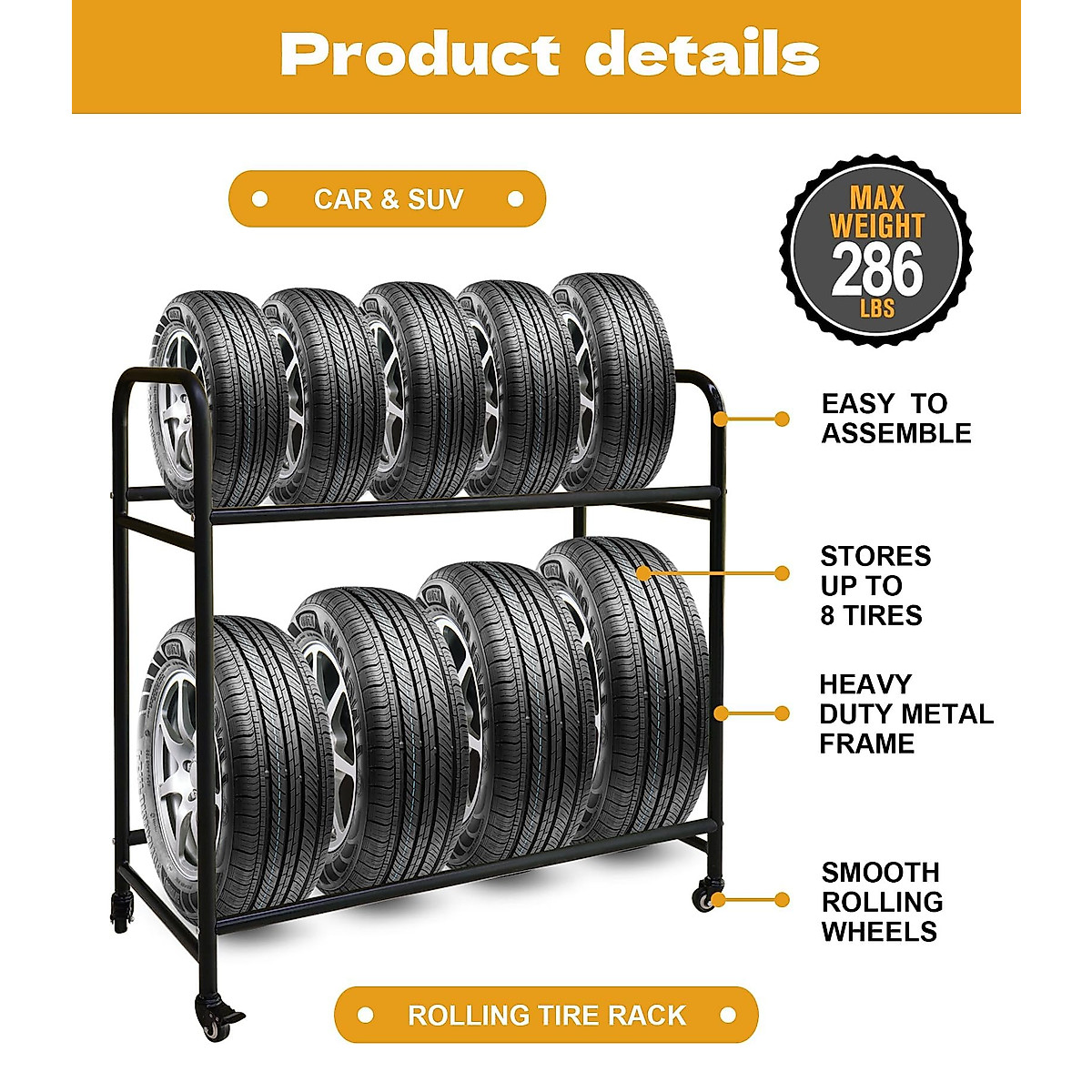 Landrol Tire Cart Rack Organizer, Heavy Duty Mobile Tire Holder for Garage Storage, Adjustable Tire Stand Indoor/Outdoor with 2 Universal Rolling Wheels Shelves