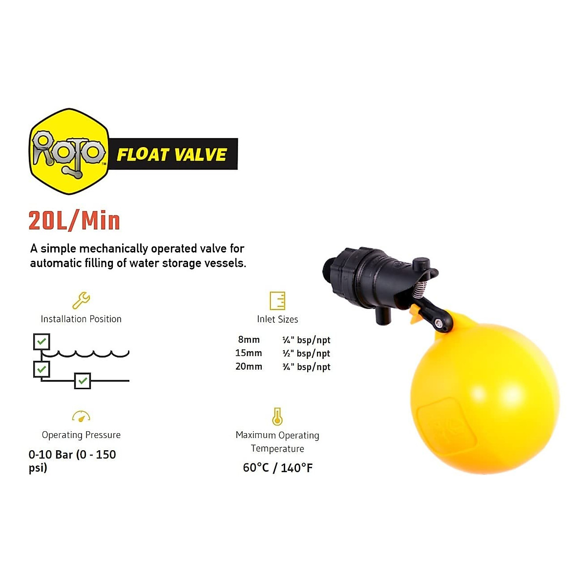 Jobe Valves J-RJV0075HF Rojo High-Flow Low-Pressure Float Valve, 4.9"-Wide Float, 3" Extension Arm, 20L/Min, 75PSI, 3/4" NPT Inlet, Yellow/Black