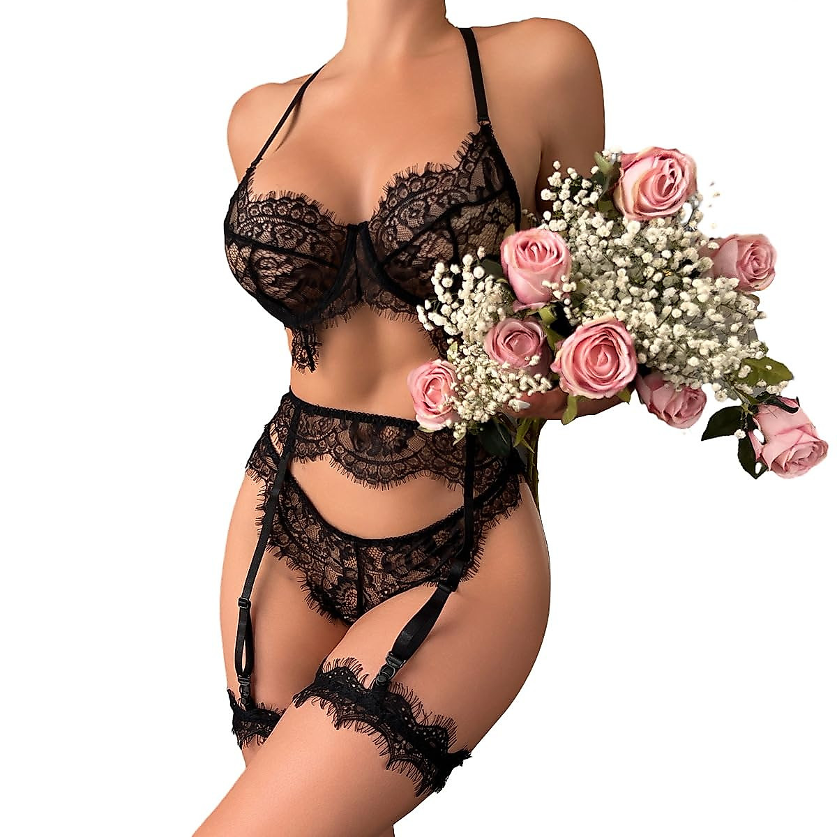 Lilosy Women Sexy Underwire Push Up Sheer Garter Belt Lingerie Set Floral Lace See Through Bra and Panty 3 Piece Eyelash Halter Black Medium