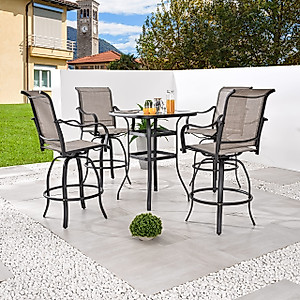 LOKATSE HOME 5 Piece Patio Dining Set Tesling Swivel Chairs with Glass Square Table Outdoor Furniture Bistro Rotating Stools for Poolside, Cafe, Porch, Chic Bar