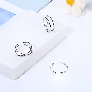 PATISORNA 3Pcs 925 Sterling Silver Open Adjustable Rings for Women Men Minimalist X Cross Arrow Heart Moon&Star Paperclip Rings Stackable Thumb Knuckle Simple Rings Set Size 6-9