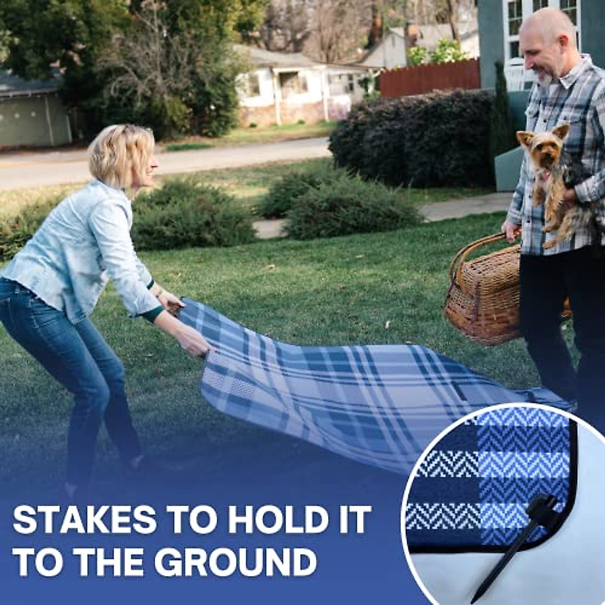 Picnic Blankets w/Stakes - Waterproof Camping Blankets - Foldable Compact Beach Blankets - Travel Picnic Blanket w/Polar Fleece & Peva - Portable Camping Gear - Perfect for Backyard, Park & More