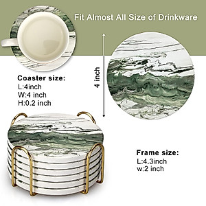 6 Pcs Green Ceramic Coasters with Holder Round Cool Drink Absorbent Coasters Set Best Modern Coffee Table Coasters Art Decorative Coasters Bar Farmhouse Outdoor Coasters Cup Coaster Gift