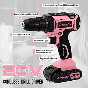 YOUGFIN Pink Drill Set for Women, 20V Battery Powered Electric Drill Machine Cordless with Charger, 25+1 Torque Setting, Built-in LED, Handheld Lightweight Power Drill Driver for Home Use (3/8")