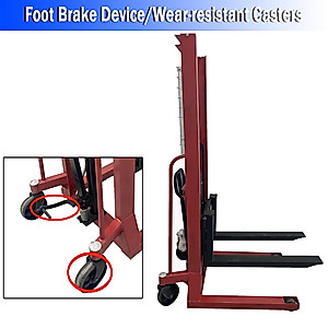 EQCOTWEA 2T Manual Forklift Pallet Stacker, 4400 lbs Capacity, 63-inch Lift Height, Adjustable Forks, Hydraulic System Stacker, Hand Operated Pallet Forklift for Lifting Single-Sided Pallets