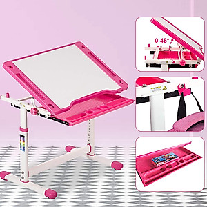 Kids Desk and Chair Set Height Adjustable Ergonomic Children Sturdy Table with Drawer Storage Childs Study School Desk Interactive Workstation Kids Art Writing Desk Furniture for Girls Boys