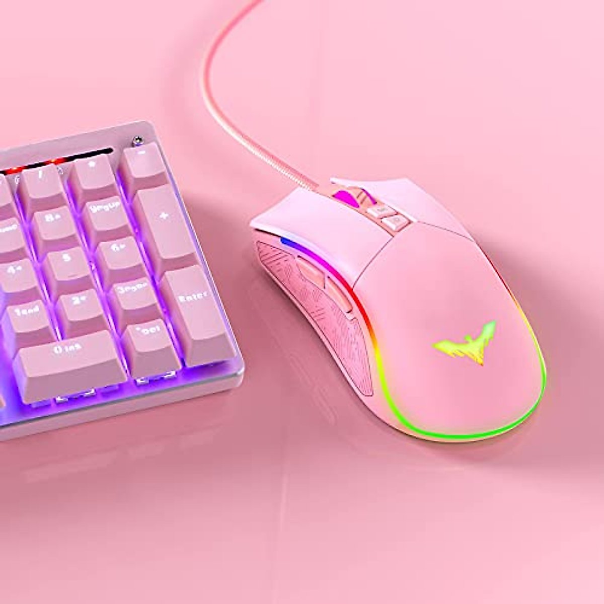 Havit RGB Gaming Mouse Wired Programmable Ergonomic USB Mice 4800 Dots Per Inch 7 Buttons & 7 Color Backlit for Laptop PC Gamer Computer Desktop (Pink) (Renewed)