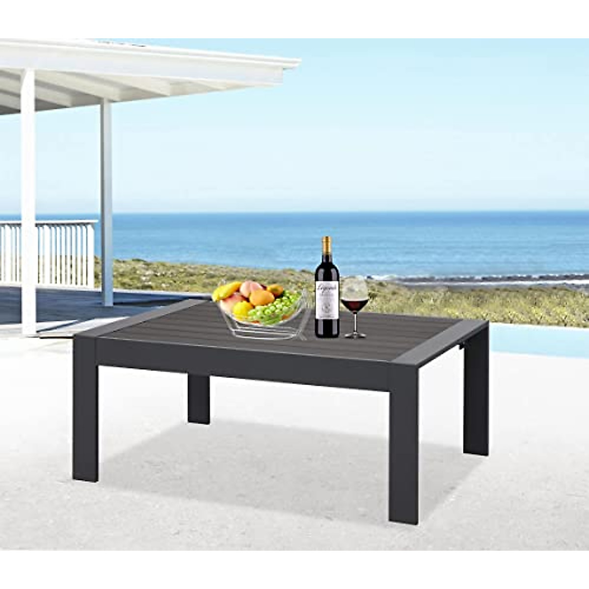 Odoor Direct Patio Furniture Aluminum Coffee Table, All-Weather Metal Rectangle Patio Table with Imitation Wood Tabletop, Dark Grey