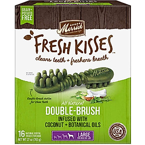 (2 Pack) Merrick Fresh Kisses Double-Brush Dental Dog Treats, Infused with Coconut & Botanical Oils and Mint Breath Strips, Cleans & Freshens Breath for Large Dogs, 16 Dental Dog Treats/Pack (Large)