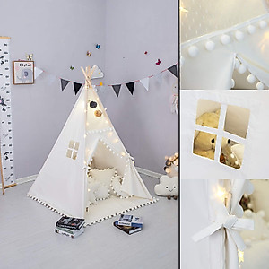 Teepee Tent for Kids with Padded Mat, Foldable Play Tent with Carry Bag for Indoor Outdoor, Pompom Lace Cotton Canvas Playhouse Tipi for Girls Boys