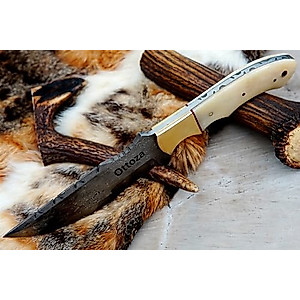 Ottoza Tracker Knife & Bone Handle - Damascus Hunting Knife - Horizontal Carry Knife Sheath 115