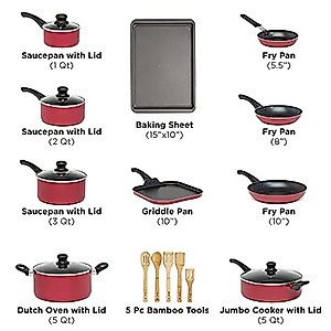 Ecolution Easy Clean Nonstick Cookware Set, Dishwasher Safe Kitchen Pots and Pans Set, Comfort Grip Handle, Even Heating, Ultimate Food Release, 20-Piece, Red