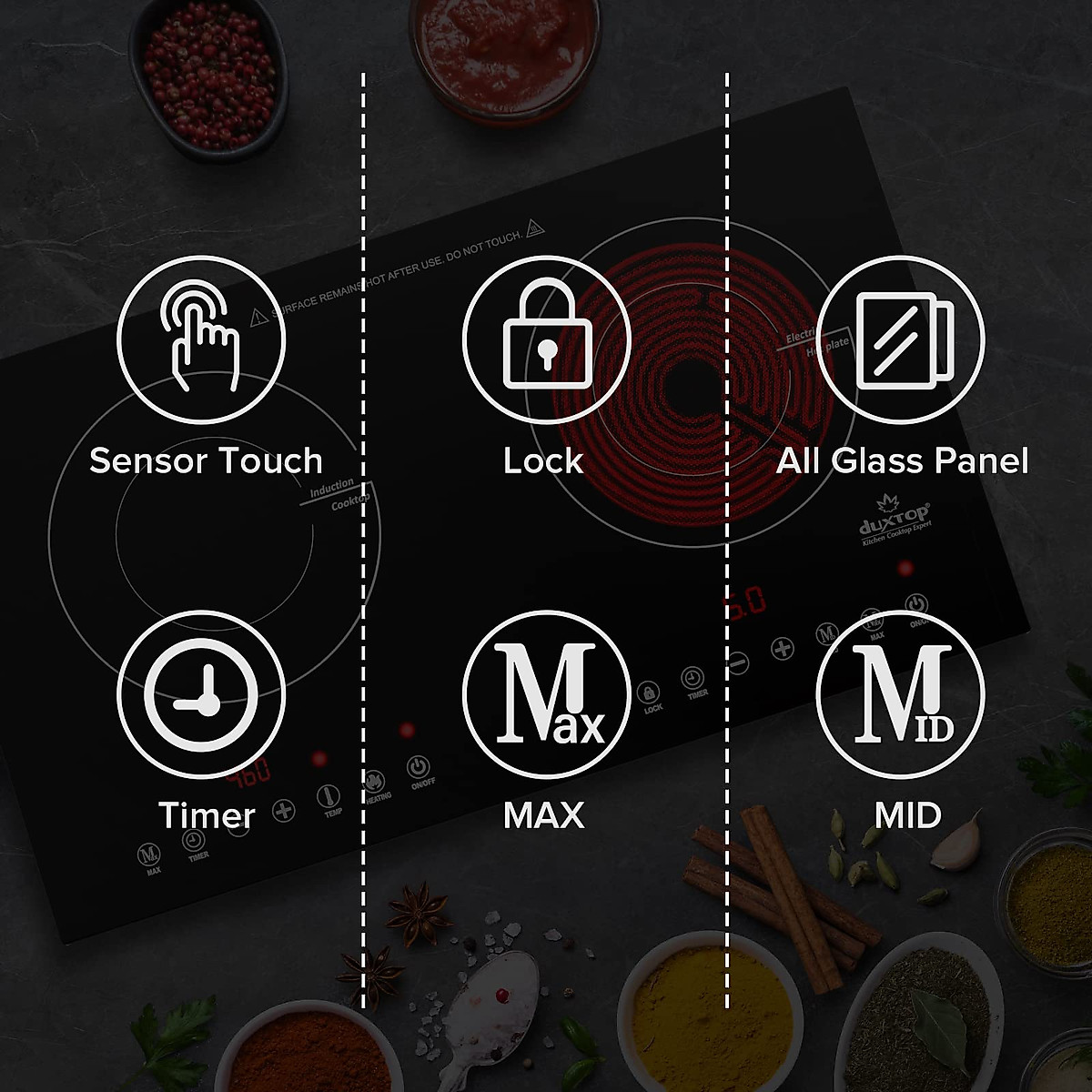 Duxtop 1800W Induction Cooktop 2 Burner, Built-In Induction Burners, Double Induction and Infrared Cooktop, Electric Hot Plate for Cooking, Electric Stove with Sensor Touch Control, 9820HLBI