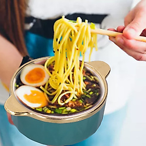 Milltrip Ceramic Bowl, Binaural Bowls Large Capacity Crown Ceramic Bowl with Lid and Phnom Penh Handle for Soup Rice Salad Instant Noodle(Green)