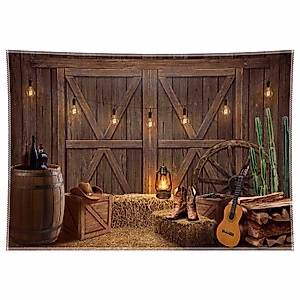 ZTHMOE 7x5ft Fabric Western Cowboy Photography Backdrop Wild West Barn Door Wooden House Background for Kids Boy Children Vintage Photo Tapestry Booth Props