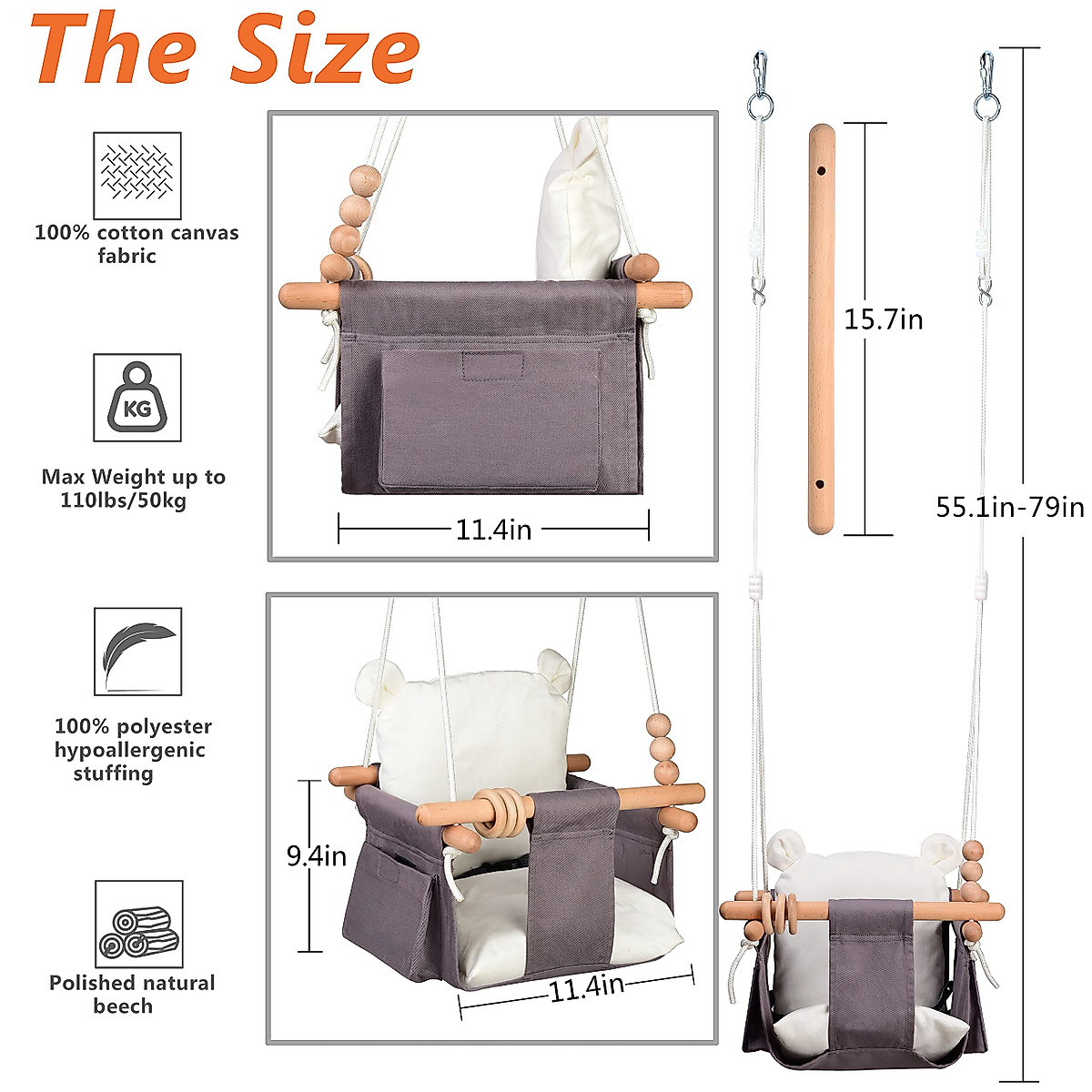 Baby Hammock Swings, Canvas Baby Hanging Swing with Safety Belt & Cotton Cushion Seat, Hanging 2 Side Pockets Safe Outdoor Swings