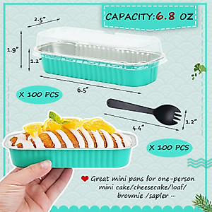 LNYZQUS Mini Loaf Baking Pans with Lids 100 Pack, 6.8oz Rectangle Mini Cake Tins Baking Cups,Disposable Aluminum Foil Mini Baking Pan Muffin Tins Containers -Cyan Blue