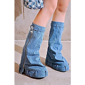 Cape Robbin Women's Fold Over Knee High Boots Platform Heel Padlock Boot with Zipper JENAS - DENIM 7