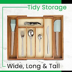 RELYZ Premium Acacia Expandable Drawer Organizer - Superior Tray with Groove Dividers for Cutlery (7 Slots, Natural)