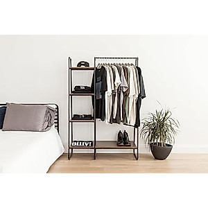 IRIS USA Clothes Rack for Hanging Clothes with 4 Wood Shelves, Freestanding Clothing Rack, Easy to Assemble Garment Rack, Metal, Sturdy Design, Multipurpose, Small Space Storage Solution, Black