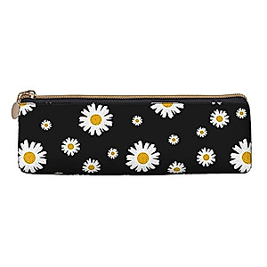 Ykklima White Yellow Daisy Flower Black Leather Pencil Case Zipper Pen Makeup Cosmetic Holder Pouch Stationery Bag for School, Work, Office