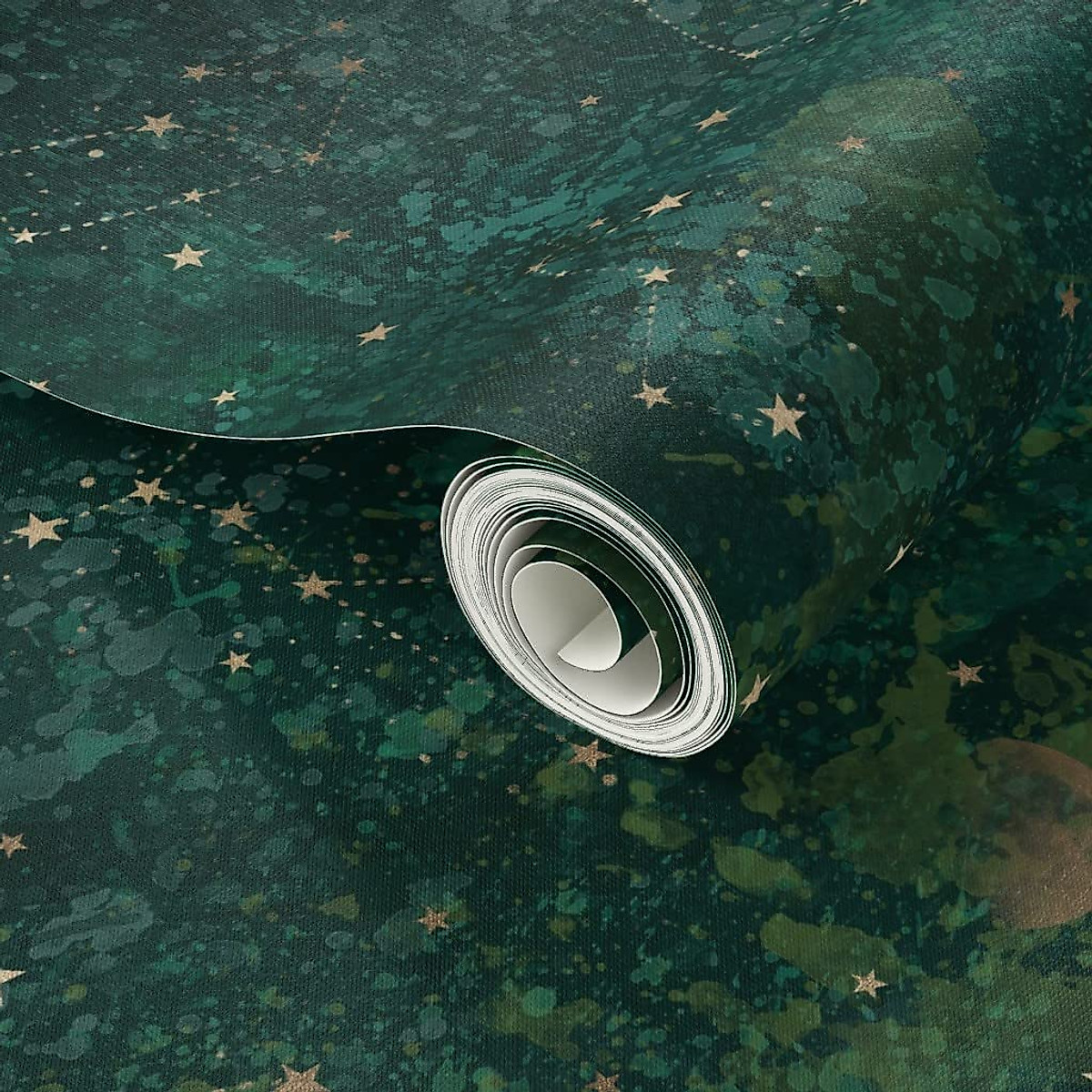 Peel & Stick Wallpaper 3ft x 2ft - Dark Green Moon Stars Bohemian Star Night Celestial Custom Removable Wallpaper by Spoonflower