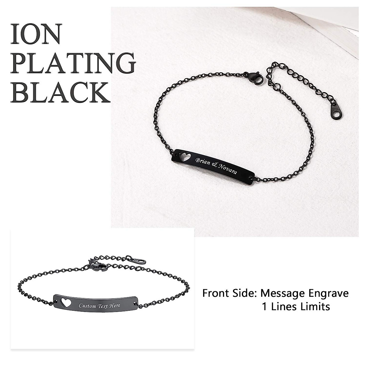 U7 Mantra Engraving Identification Bracelet Customized Black Color Sideways Heart ID Bar Bracelet for Women, Fit 6-8.3 Inch