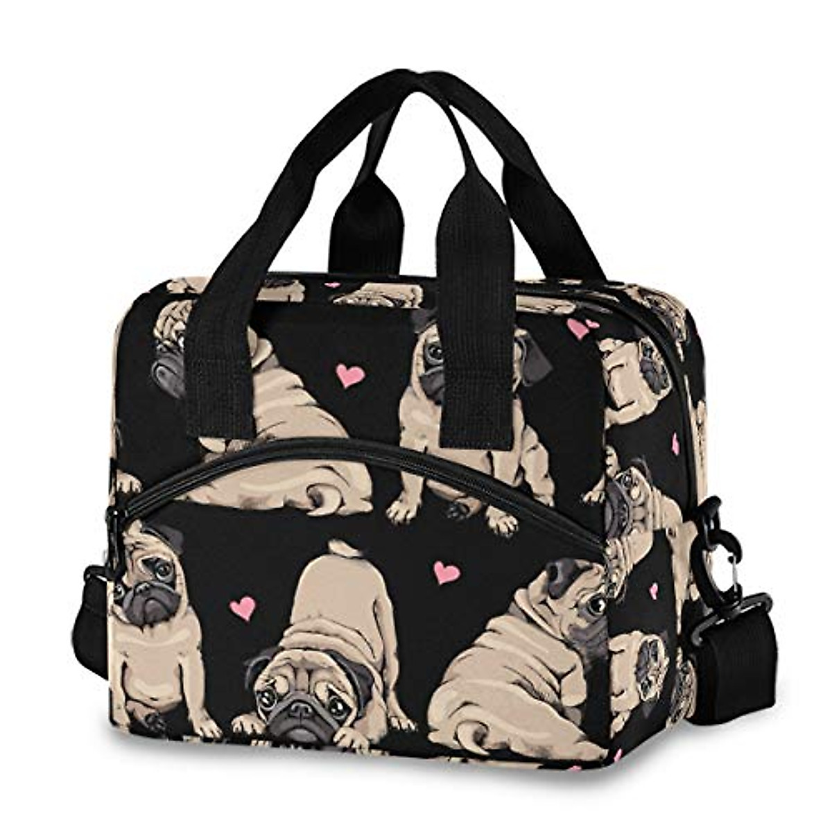 Sinestour Insulated Lunch Bag Reusable Cooler - Pug Puppies And Pink Hearts Lunch Box Adjustable Shoulder Strap for School Office Picnic Adults Men Women
