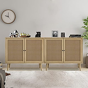 QHITTY Rattan Sideboard Buffet Cabinet, Accent Kitchen Storage Cabinet Console Table with Adjustable Shelves for Living Room, Dining Room, Bedroom (Natural)